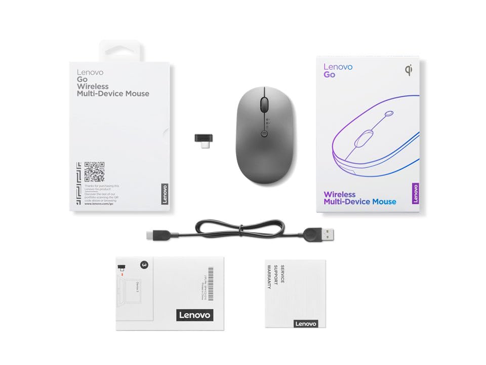 Lenovo Go Multi-Device Wireless Mouse, 2.4GHz Nano USB-C Receiver, Bluetooth, Adjustable DPI, USB-C Rechargeable Battery, Qi Wireless Charging, Ambidextrous, GY51C21211, Grey