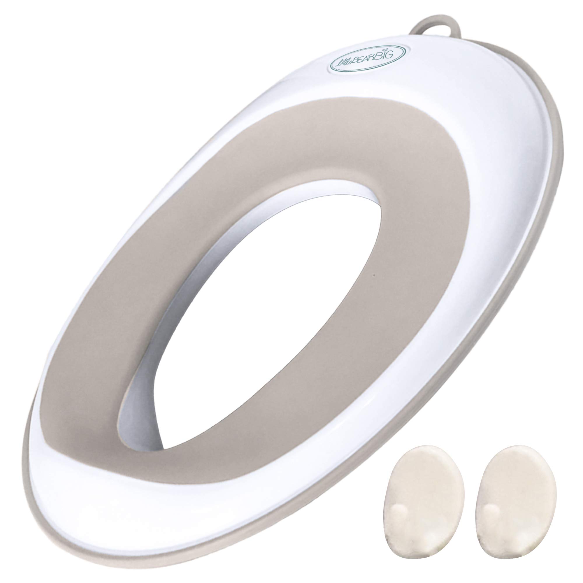 Baby and Toddler Potty Training Seat For Boys and Girls by LittleBearBig - Portable White and Gray Topseat for Toilet with Hook - Fits Oval/Round Lid - Travel Friendly - Stylish Design -Non-Slip Ring