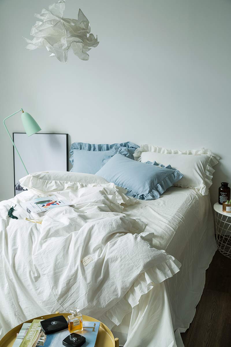 4 Pieces Vintage Stone Washed Cotton Bedding Sets Girls Princess Ruffle Duvet Cover Pillowcases Full Queen Size Bed Sheets White/Pink/Sage Green/Grey (41YS-1-White, Queen Size 4pcs)