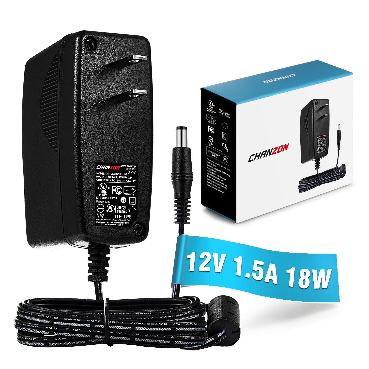 Chanzon 12V 1.5A 18W Power Supply AC DC Switching Adapter, 12 Volt 1.5 Amp AC/DC Wall Wart Converter Transformer, 100-240v 50 60HZ Input with 12vdc 1500ma Output