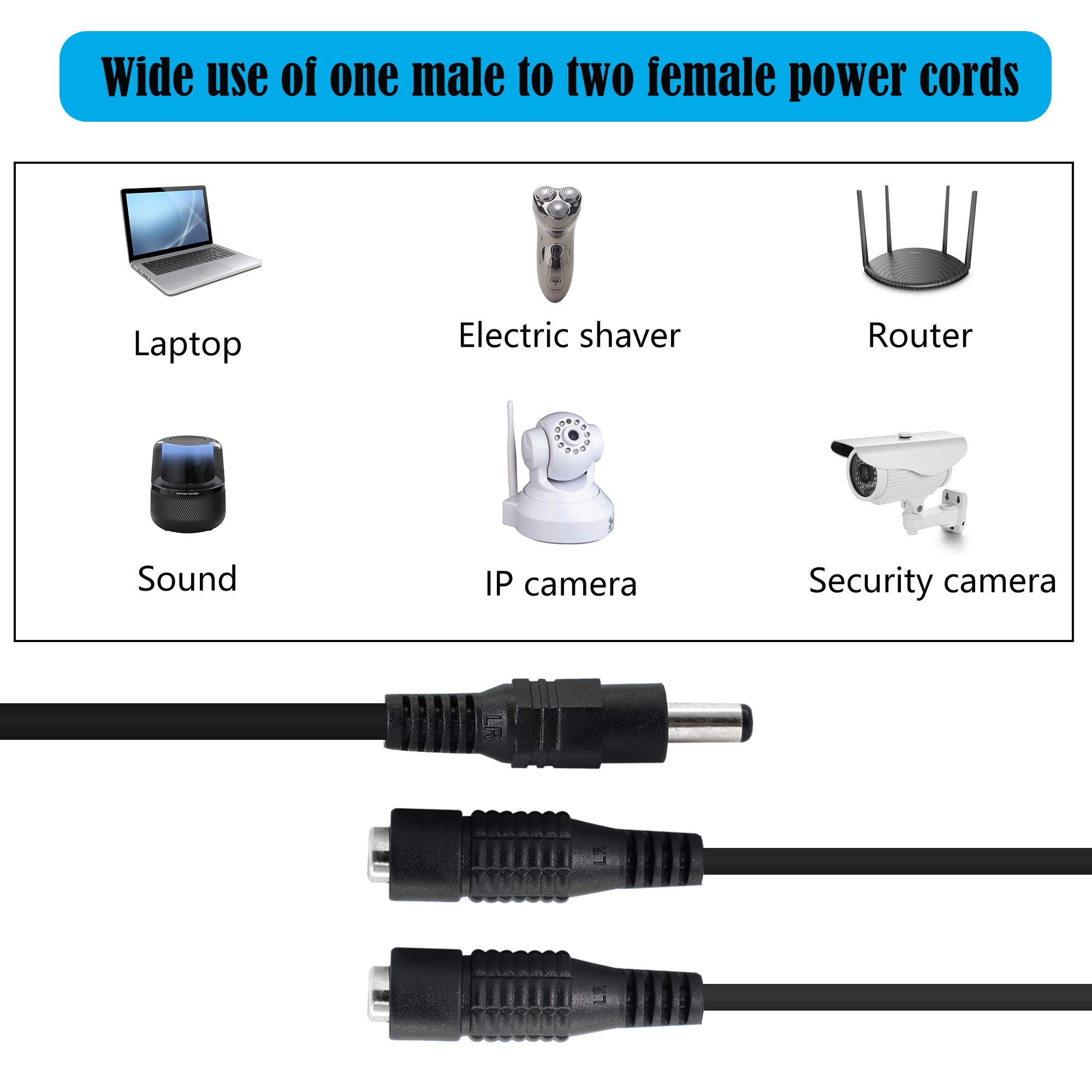 GINTOOYUN DC Y Splitter Cable 1 Male to 2 Female,5.5mm x 2.1mm DC Power Extension Adapter Cable,for CCTV Surveillance Cameras,Surveillance Routers,DVR,and More(2PCS