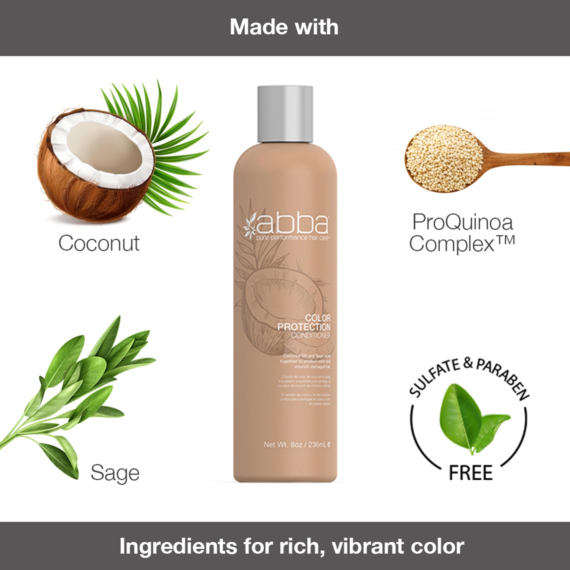 ABBA Color Protection Conditioner, Coconut Oil & Sage, 8 Fl Oz (Pack of 1)