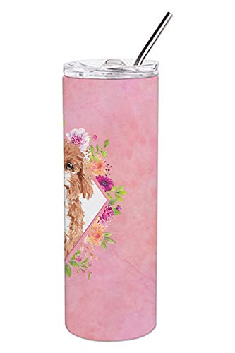 Caroline's Treasures CK4247TBL20 Cavapoo Pink Flowers Double Walled Stainless Steel 20 oz Skinny Tumbler, 20 oz, multicolor