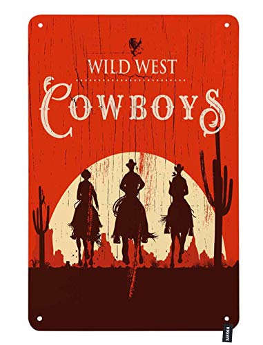 HOSNYE Cowboy Tin Sign Vintage Western Cowboys Riding Horses Wooden Sign Rural Ranch Desert Sunset Vintage Metal Tin Signs for Men Women Wall Art Decor for Home Bars Clubs Cafes 8x12 Inch