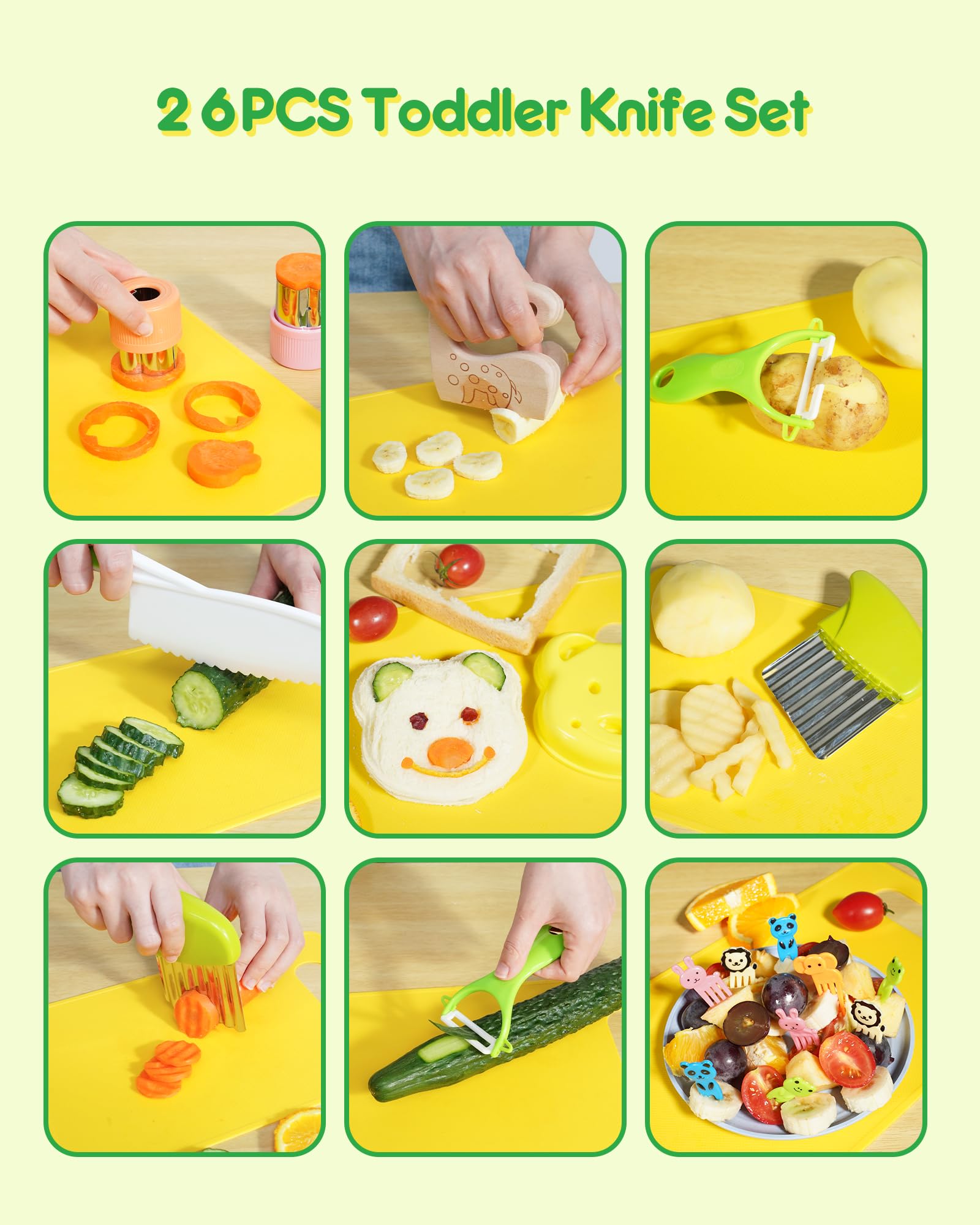 26 Pcs Kids Knife Set, Montessori Kitchen Tools for Toddlers' Real Cooking, Toddler Knife Set Includes Crinkle Cutters Kid Safe Knives Cutting Board Peeler, Kitchen Tools for 4+ Year Old Girl Boy