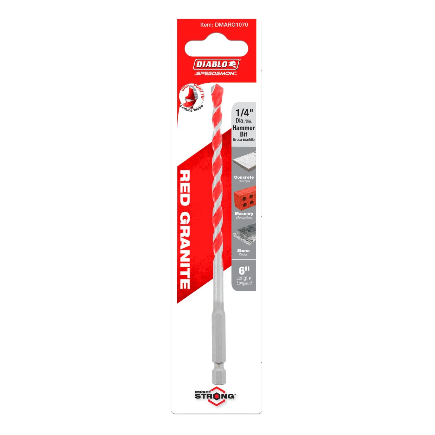 Diablo SPEEDemon Red Granite Carbide Tipped Hammer Drill Bit for Concrete, Masonry and Stone - 1/4" Diameter, 6" Length, 4" Working Length - DMARG1070