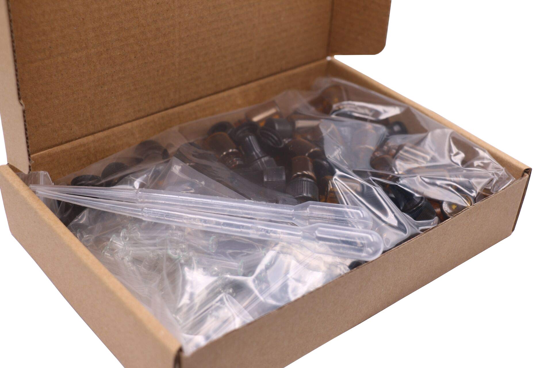 50Pcs 2ml Amber Glass Dropping Bottles Mini Essential Oil Dropper Bottles Empty Travel Perfume Sample Vials Containers with Glass Eye Dropper and Cap in Box(2 Droppers Included)