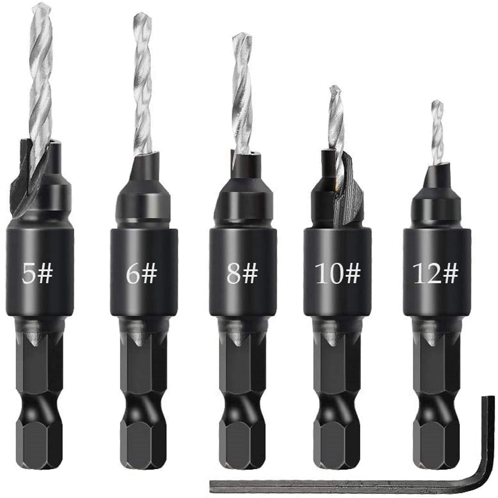 DAYREE 5PCS Countersink Drill Bit Set Wood Drill Bit Set Woodworking Tools #5, 6, 8, 10, 12