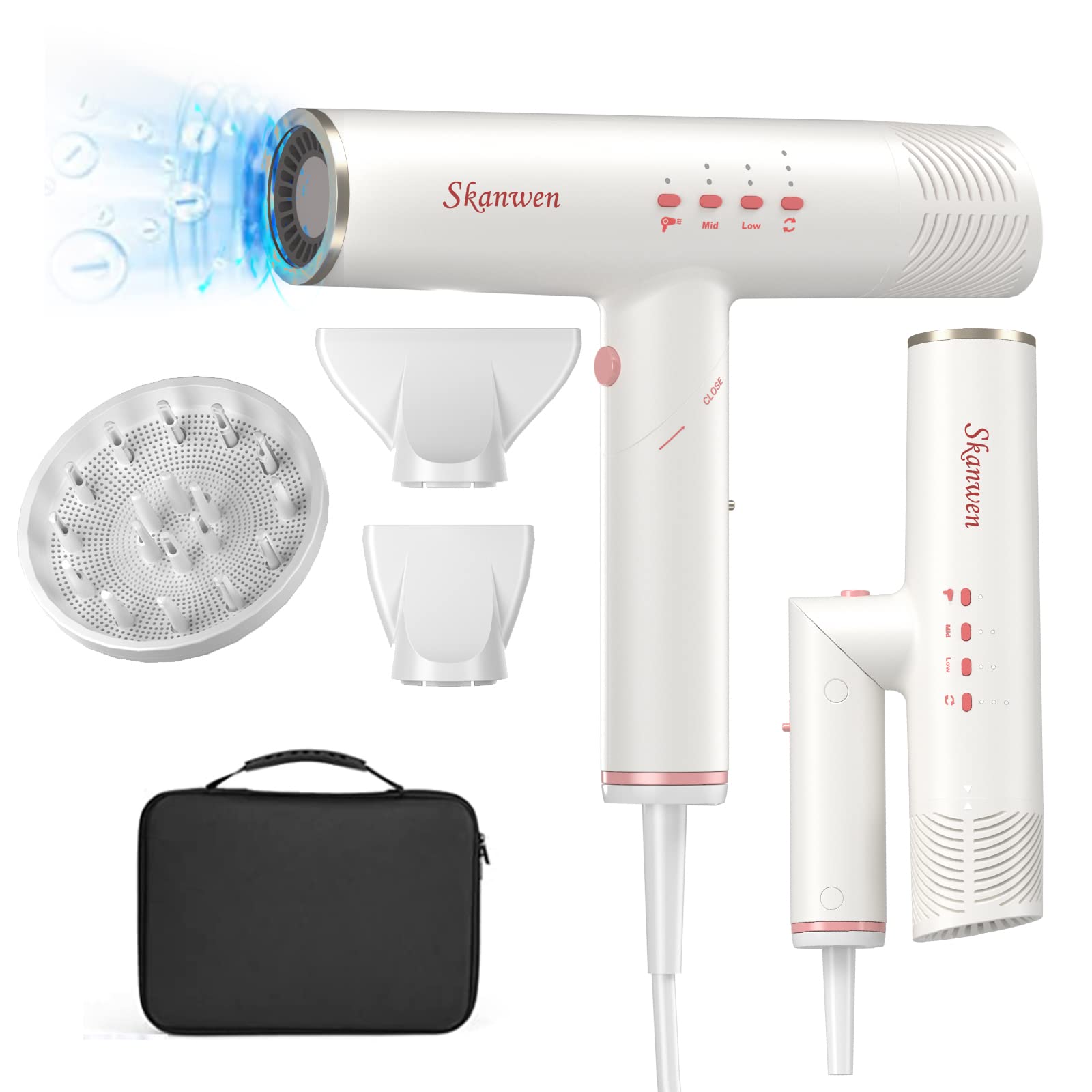 SKANWEN Hair Dryer with Diffuser, Folding Handle Ionic Blow Dryer with 110,000 RPM Brushless Motor | Fast Drying, Low Noise, Lightweight Design, Perfect for Women Curly Hair, Pearl White