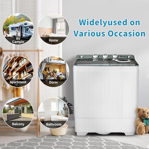 26Lbs Portable Washing Machine and Dryer, Twin Tub Portable Washer Dryer Combo with Drain Pump, Semi-Automatic 18Lbs Washer Mini Laundry Machine with 8Lbs Spinner for Dorms, Apartments, RVs, Gray