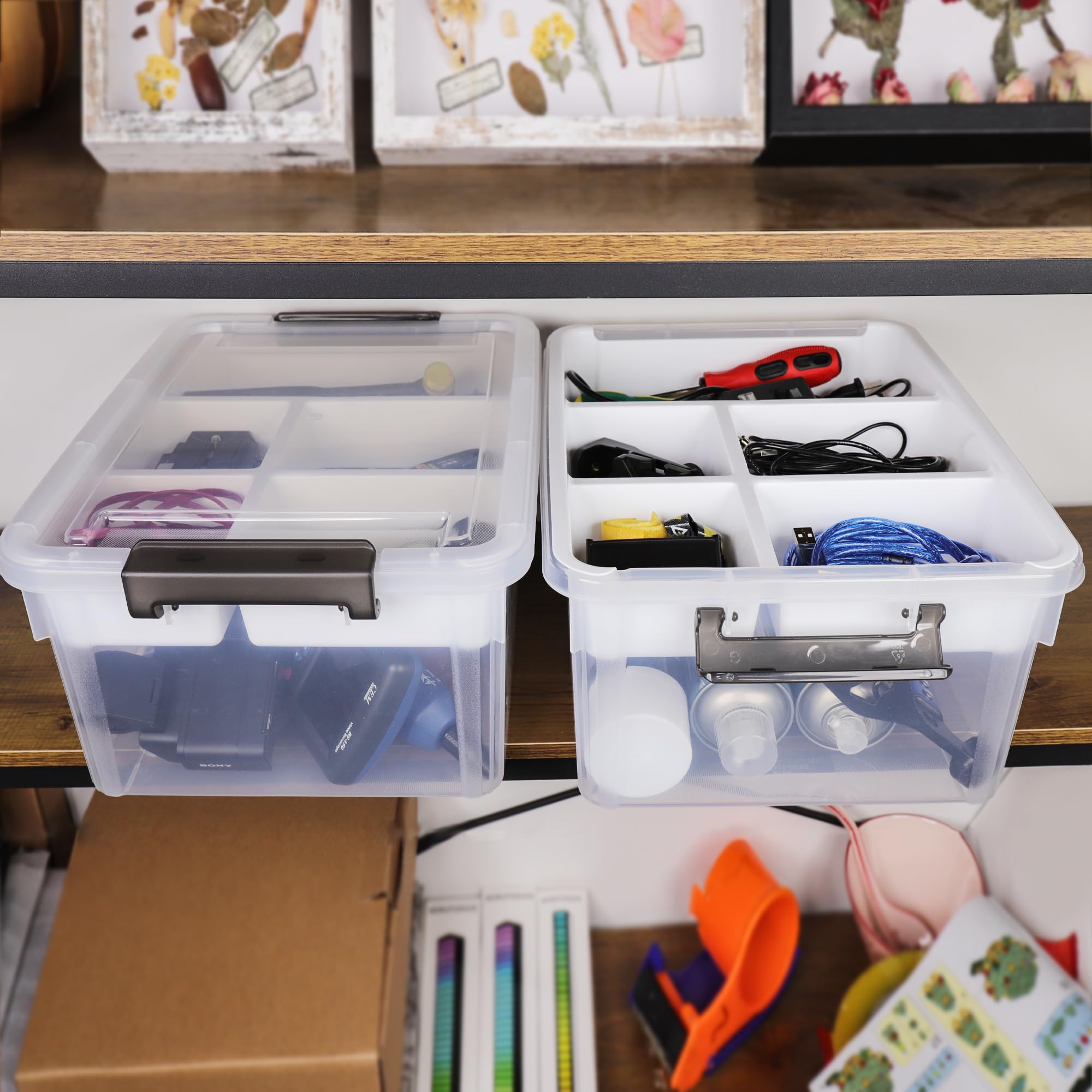 17 QT Plastic Storage Bin with Lid, Clear Organizing Container with Removable Tray, Multipurpose Stackable Storage Box for Home, Office and School Supplies