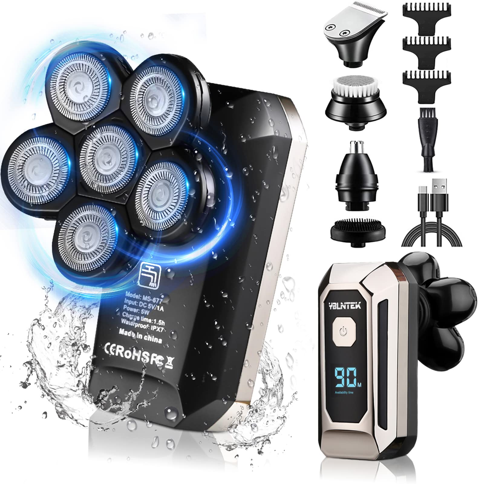 Head Shaver for Men, YBLNTEK 5-in-1 Electric Razor for Men Cordless LED Bald Head Shaver, IPX7 Waterproof 6D Rotary Shaver Grooming Kit with Nose Hair Trimmer, Valentine's Day Gift for Men, Husband