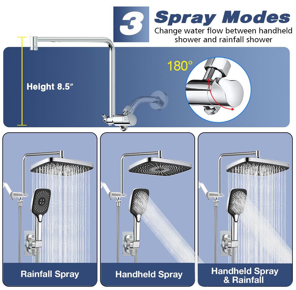 12" Rain Shower Head with Handheld Spray 4 Settings High Pressure Shower Head Rainfall Showerhead with Handheld Sprayer + 12" Shower Head Extension Arm,79" Shower Hose, 12" x 8" Rectangle Shower Heads