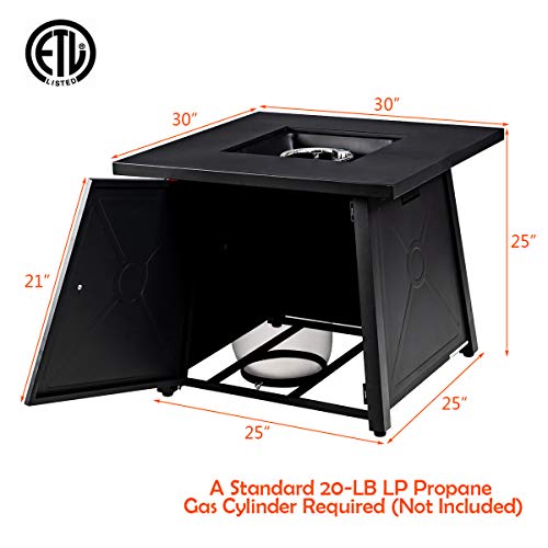 Giantex Gas Fire Table, 30 Inch Square Firepit Table 50,000BTU Fire Pits Tables w/ Waterproof Cover, ETL and CSA Certification Patio Auto-Ignition Propane Heater Fireplace Table w/ Lava Rock (Black)