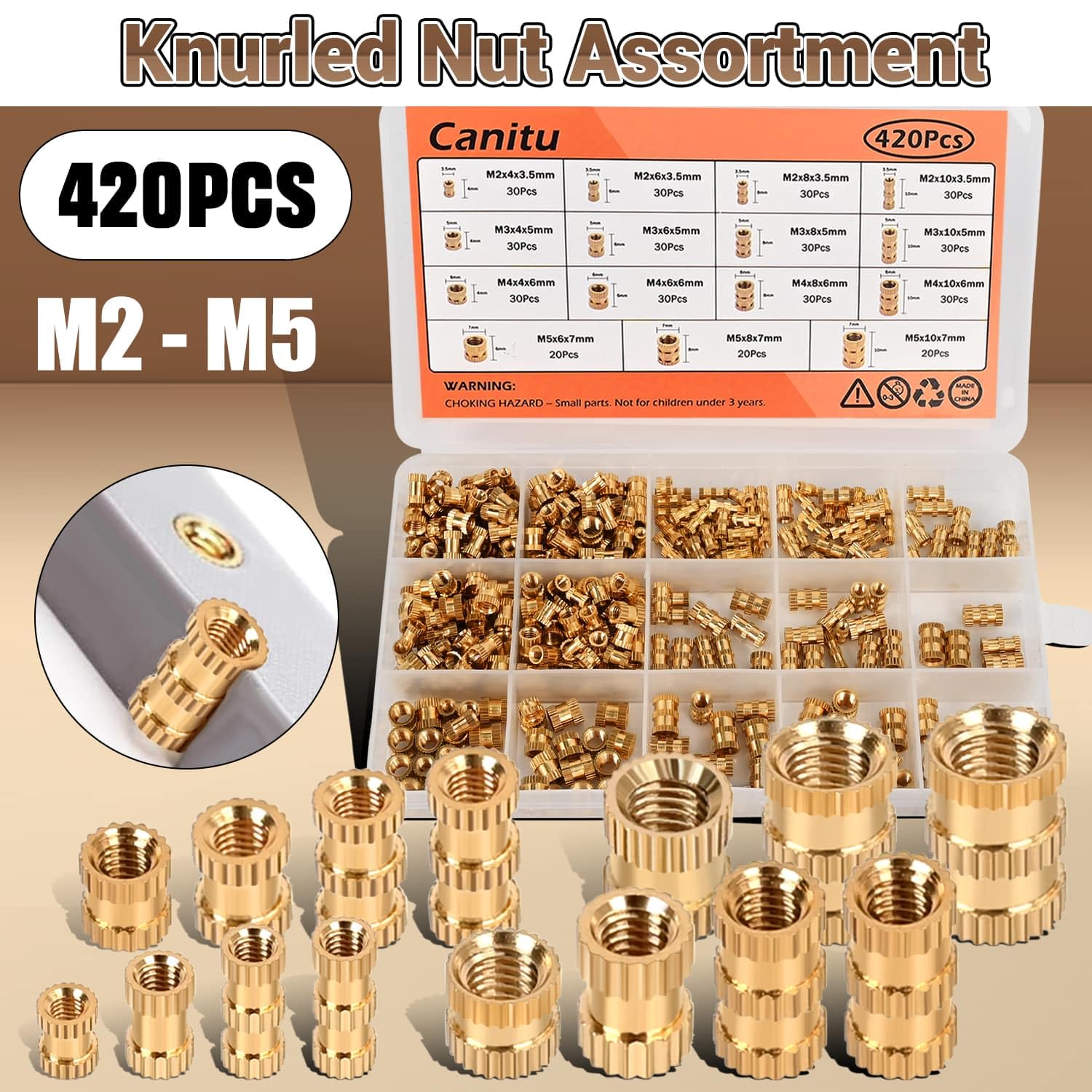 Canitu 420Pcs Threaded Inserts,M2 M3 M4 M5 Female Thread Metric Knurled Embedment Nuts Assortment Kit Brass Heat Set Insert for 3D Printing Components Injection Molding