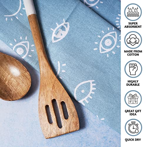 Folkulture Cotton Kitchen Towels and Dishcloths Set with Hanging Loop, Set of 3 Flour Sack Dish Towels and Dish Cloths for Drying Dishes, Highly Absorbent Decorative Tea Towels, 20 x 26 Inches, Mystic