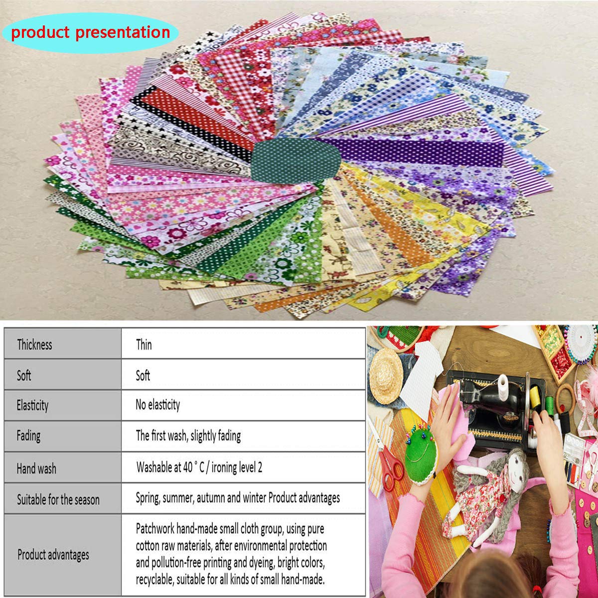 50 Pcs 4" x 4" Craft Fabric, Craft Bundle Patchwork, Pre-Cut Quilt Squares, Quilting Fabric Bundles with Sewing Kit for DIY Artcraft Pattern