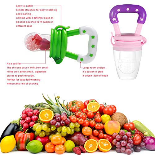 Food Feeder Baby Fruit Feeder Pacifier (3 Pcs) with 6 Different Sized Silicone Pacifiers 2 PCS Silicone Baby Food Dispensing Spoon 90ML with 2 Baby Spoons Pacifier Clip Infant Fruit Teething Toy-Pink