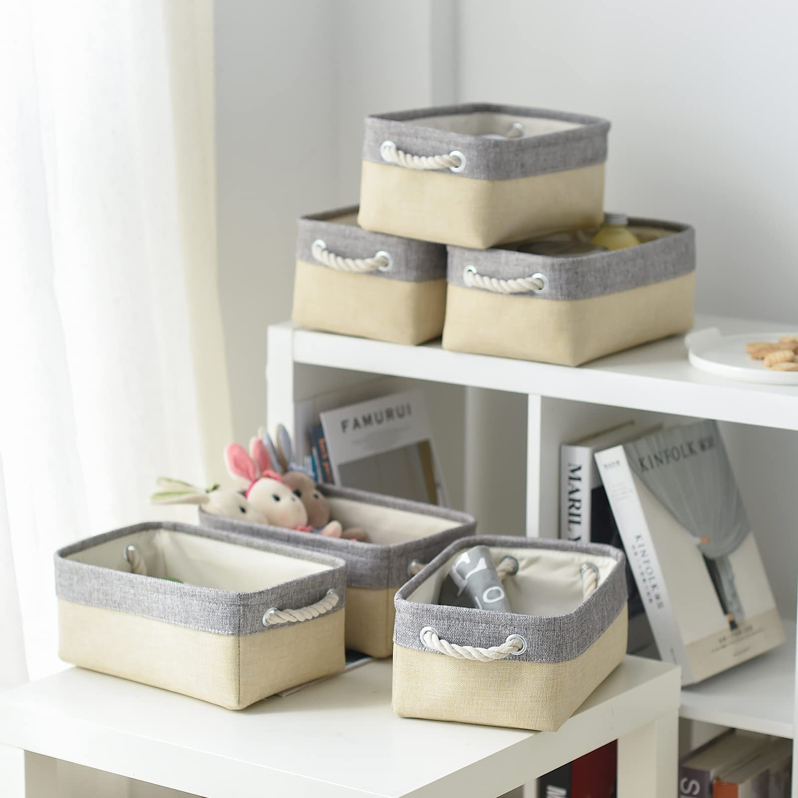 Jtirey Small Storage Baskets [10-Pack] Fabric Storage Bins 12"Lx 8"Wx 5"H Baskets for Shelves, Collapsible Clothes Baskets with Rope Handles for Organizing Dog Toys, Nursery Storage Basket (Grey&Gold)