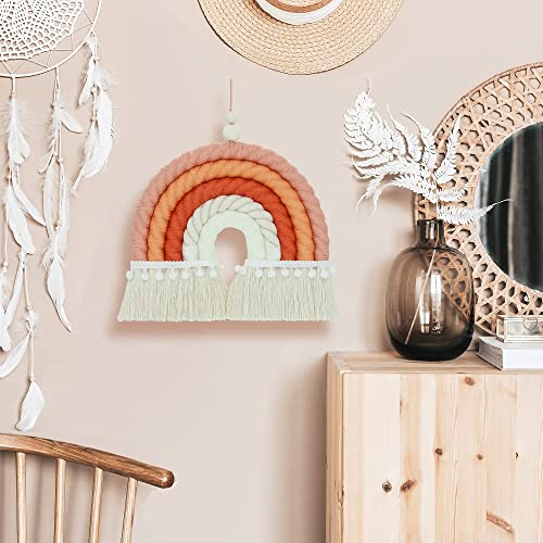 NIXX YU Macrame Rainbow Wall Hanging, Boho Rainbow Decor, Woven Rainbow Wall Decor for Girls Nursery Bedroom Playroom Baby Room Decor (Orange, 8" W x 8" H)