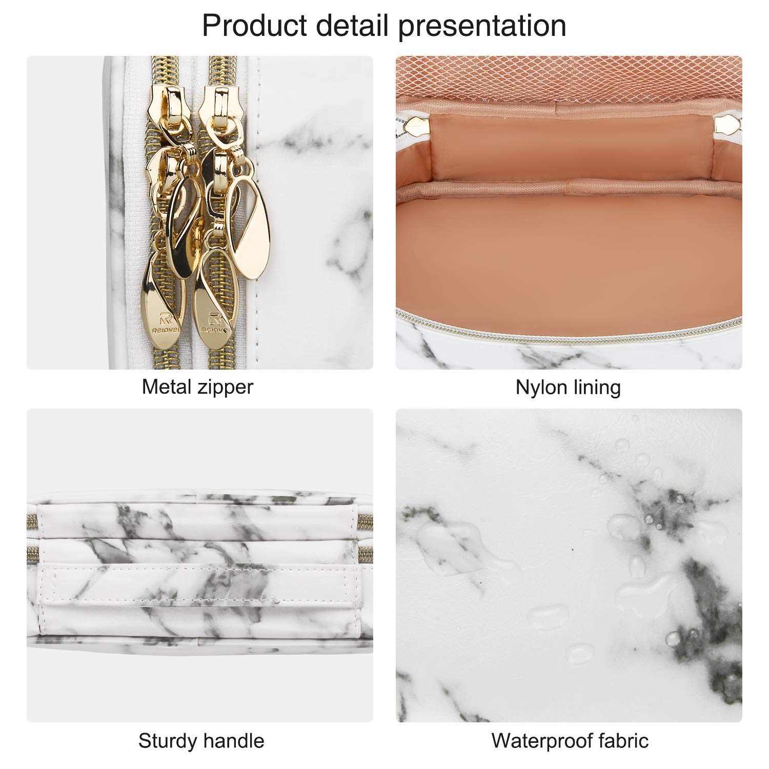 Relavel Makeup Case 2-Layer Cosmetic Brush Bag Marble Storage Travel Bag for Professional Makeup Brushes Storage Box (Marble White Pattern)