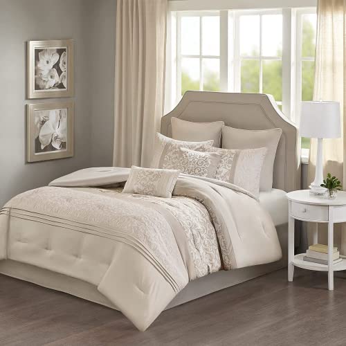 510 DESIGN Luxe Quilted Comforter Set Modern Transitional Design, All Season Down Alternative Warm Bedding Matching Shams, Bedskirt, Decorative Pillow, Queen, Ramsey Damask Neutral