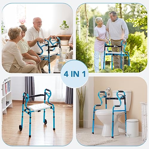 4 in 1 Folding Walker with Detachable Seat by Health Line Massage Products, Width Adjustable Folding Walkers with 5β Wheels and Extra 2 Skis, Compact Adults Walker for Seniors Support Up to 350lbs