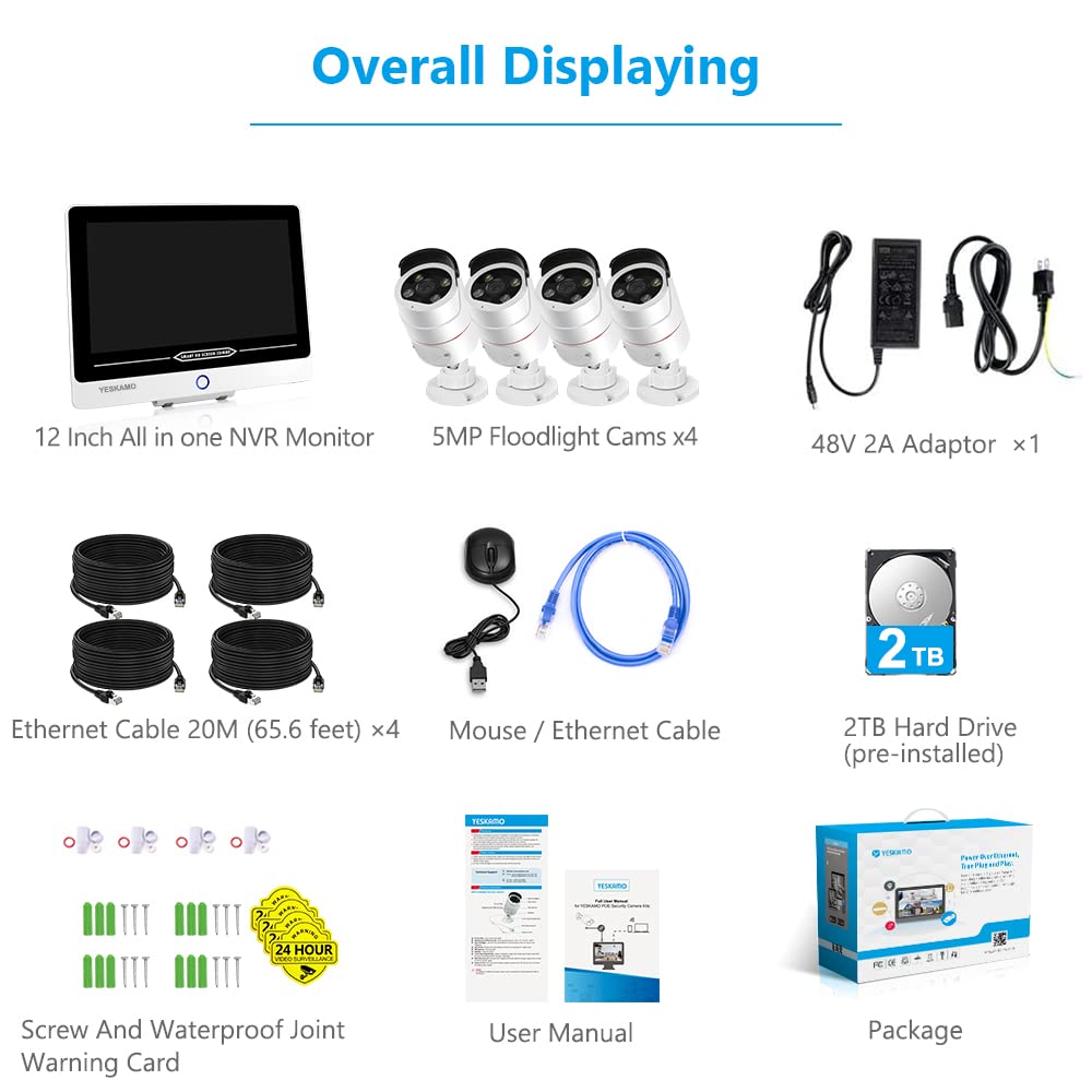 YESKAMO 5MP PoE Security Camera System, 4pcs Wired Outdoor Cameras with 12'' IPS Monitor, 8CH NVR with 2TB HDD for 24-7 Recording, Floodlight 2 Way Audio Spotlight, AI Human Detection