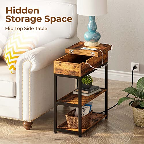 Rolanstar End Table with Charging Station, Narrow Nightstand, Flip Top Side Table with USB Ports and Storage Shelves for Small Spaces, Living Room, Bedroom (Rustic Brown)