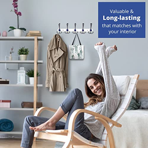 2 Pack Coat Hooks Wall Mounted – Premium Stainless Steel 5, Tri-Wall Hooks for Hanging Coats & Towels with Embedded Blue Jems – Heavy Duty Closet Hooks for Hanging Clothes, Robes, Hats (Silver)