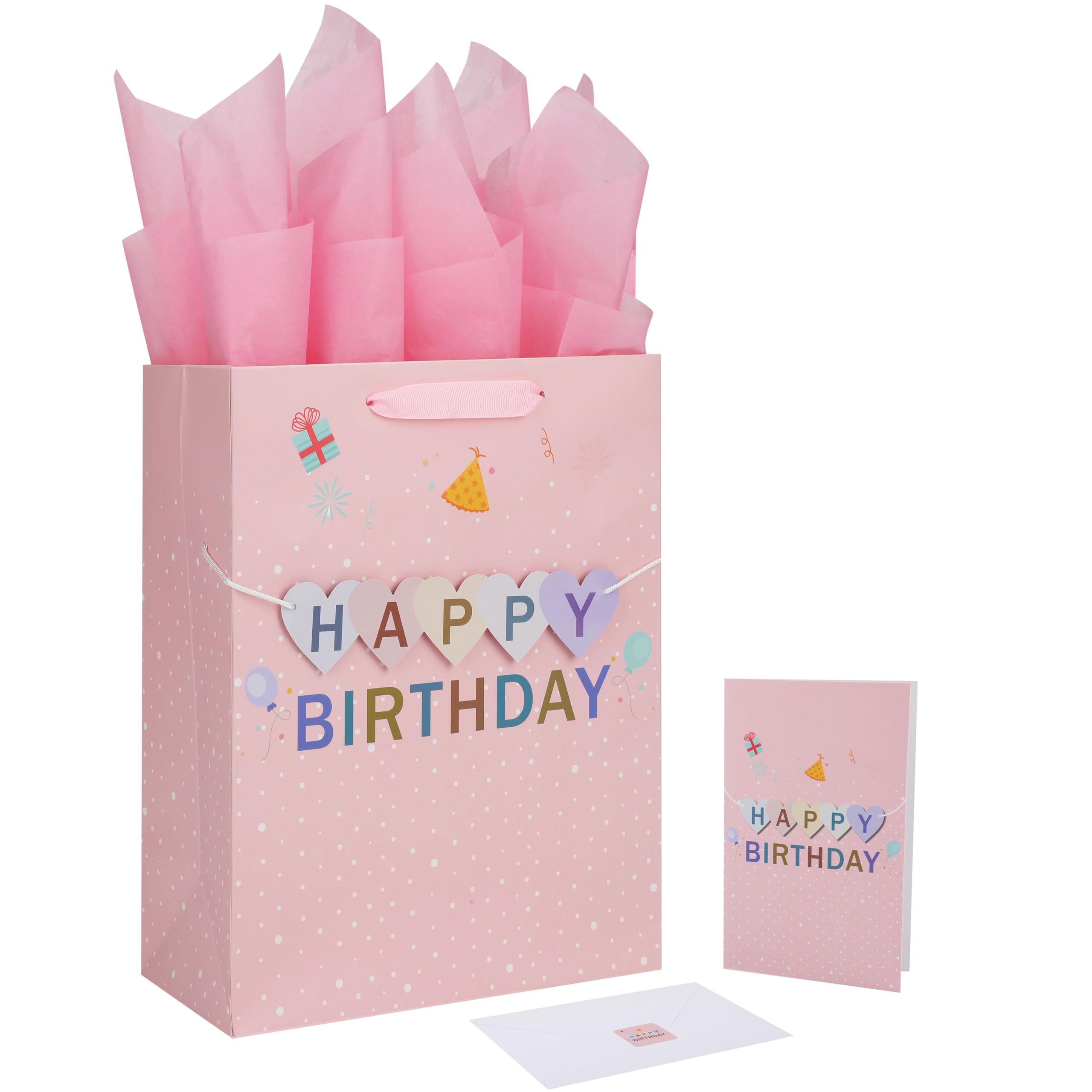13" Large Pink Gift Bag Set with Greeting Card and Tissue Papers (3D 'Happy' Design) Women's Birthday Party, Girls', or Kids' Parties, Baby Shower - 10.2āx5.2āx13ā, 1 Pcs.
