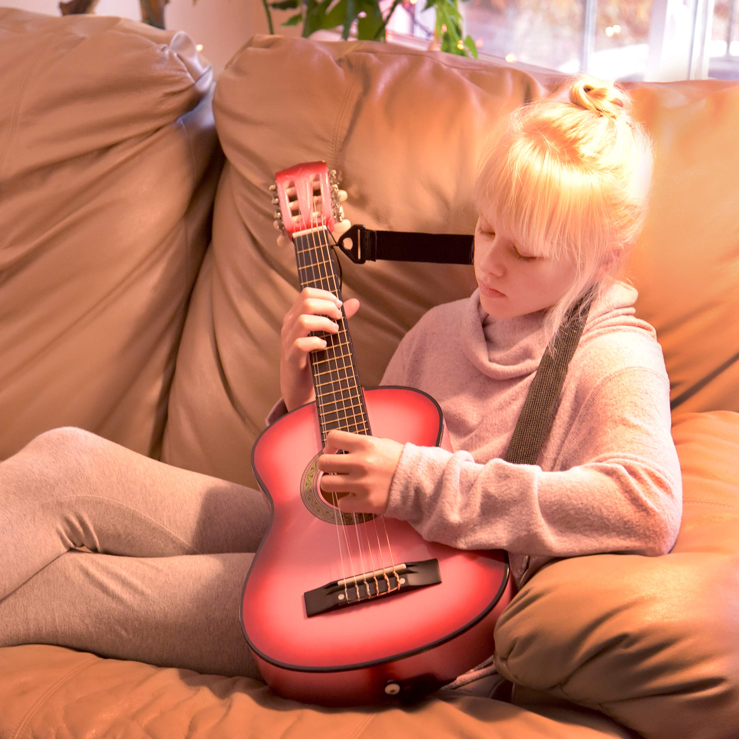 30" Left Handed Wood Guitar with Case and Accessories for Kids/Girls/Boys/Teens/Beginners (Pink Gradient)