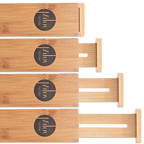 Milov Home Organizer for Kitchen Drawers - Spring Loaded Bamboo Dividers from 17.5" to 21.5" - Expandable Drawer Divider For Kitchen, Bedroom, Office - Set of 4 - No Assembly - Stackable