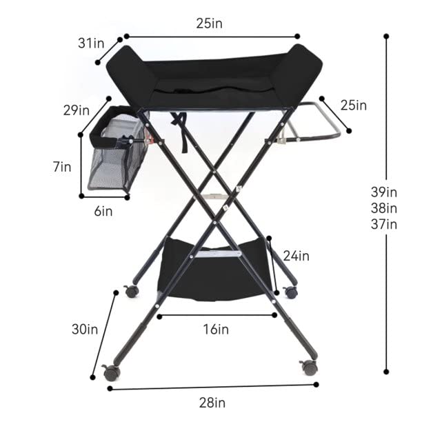 Baby Changing Table Portable Folding Diaper Changing Station with Wheels, Adjustable Height Mobile Nursery Organizer with Safety Belt and 2 Large Storage Racks for Newborn Baby Infant (Black)