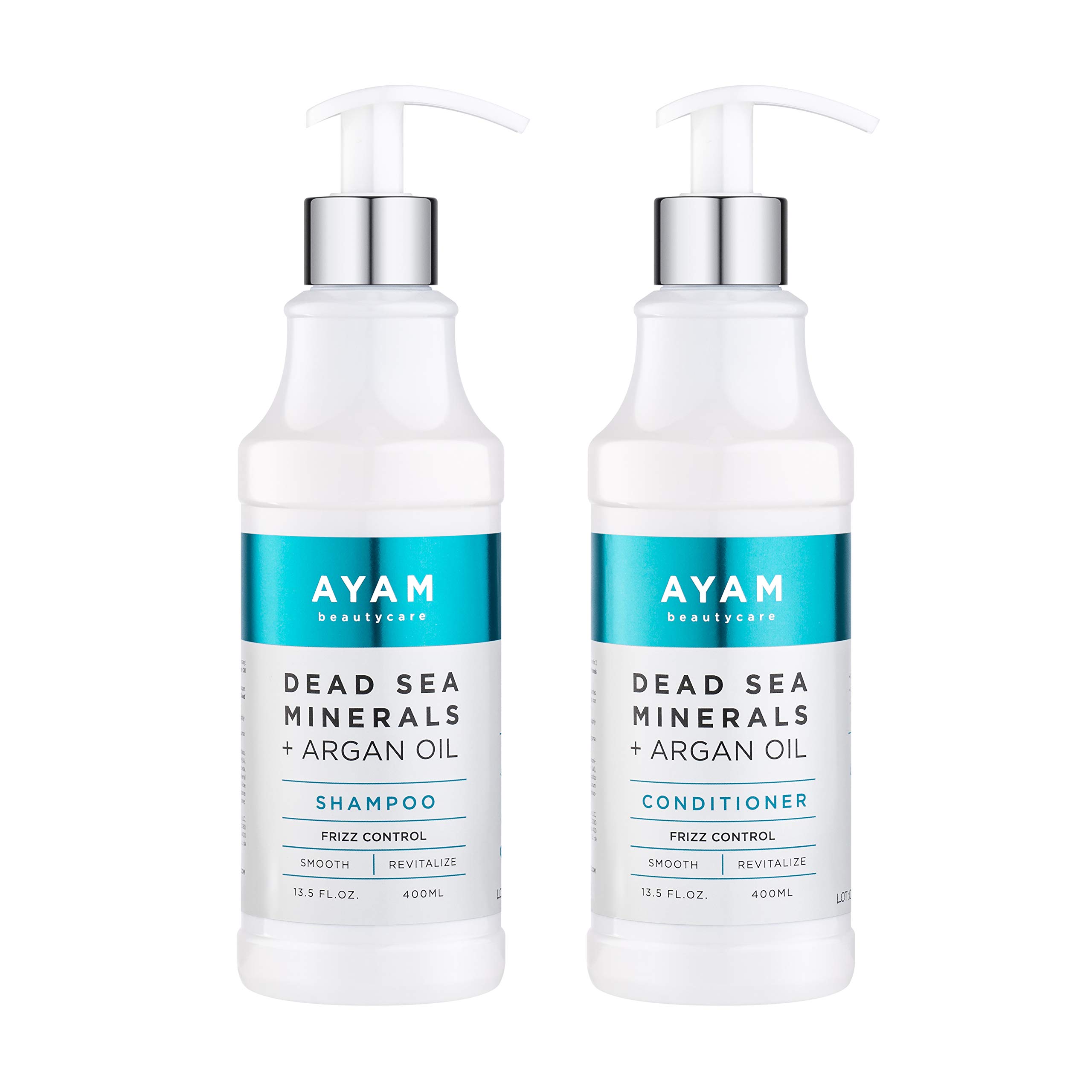 AYAM Beautycare Dead Sea Minerals + Argan Oil Shampoo & Conditioner Set, Frizz Control, Smooth, Revitalize for Normal to Oily Hair 13.5 Fl Oz Ea (Set of 2)