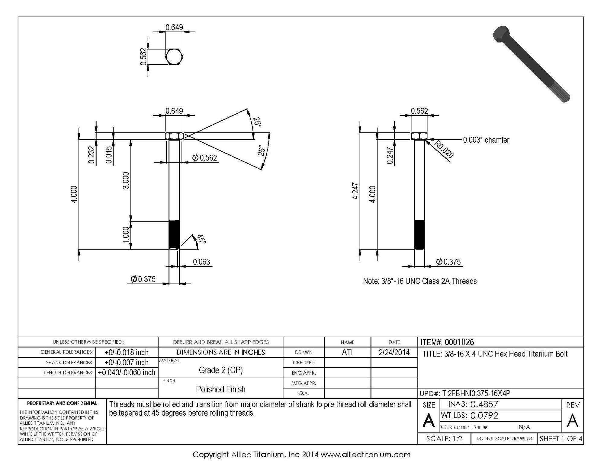 Allied Titanium 0001026, (Pack of 3) 3/8-16 X 4 UNC Titanium Hex Head Bolt, Grade 2 (CP)