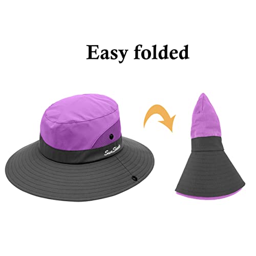 4 Pack Womens Ponytail Summer Sun Hat UV Protection Foldable Mesh Wide Brim Beach Fishing Cap (4 Pack-Purple&Watermelon Red&Sky Blue&Grey)