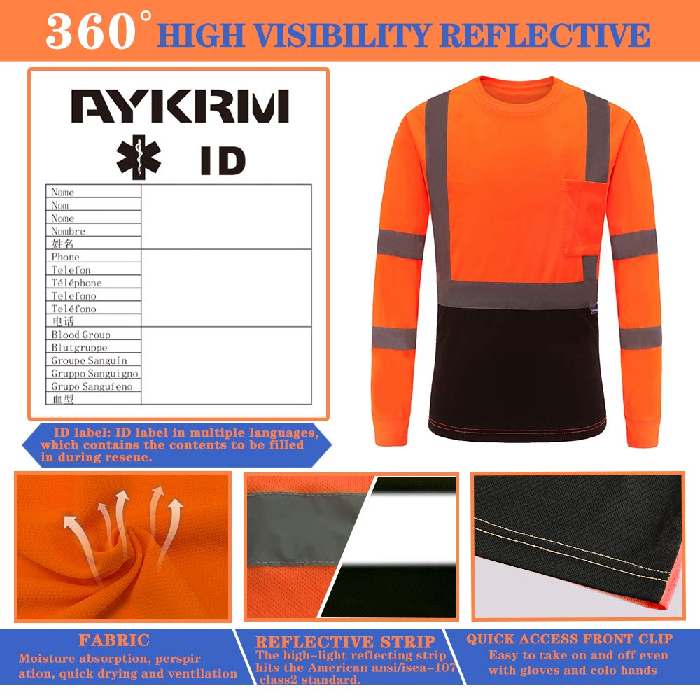 AYKRM Safety Shirts for Men Long Sleeve Safety T Shirt Reflective High Visibility hi vis Long Sleeve T Shirt (Orange, L)