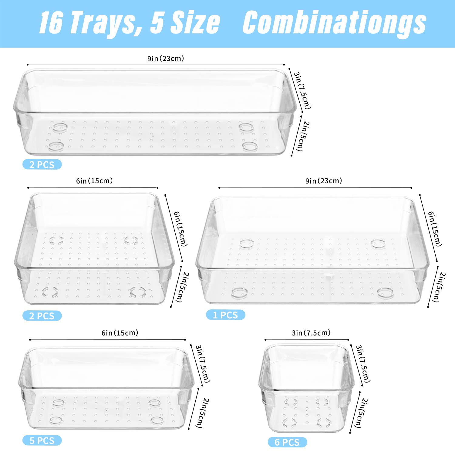 16 PCS Clear Plastic Drawer Organizer Set, 5-Size Desk Drawer Divider Vanity Drawer Organizer Trays, Versatile Storage Bins for Makeup, Jewelry and Office, Desk, Bathroom, Bedroom, Kitchen
