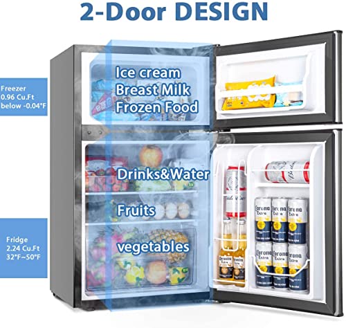 3.2 Cu.Ft Mini Refrigerator Compact Refrigerator Mini Fridge Stainless Steel with Freezer,2 door, for Dorm,Garage, Camper, Basement or Office,Silver, Silver, 19.1 x 20.1 x 33.5 inches