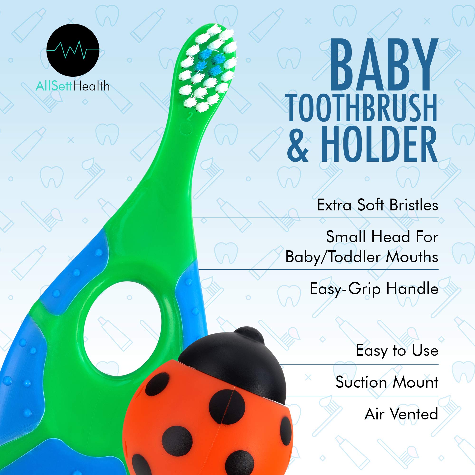 AllSett Health 6 Pack - Baby Toothbrush, 0-2 Years, Soft Bristles, BPA Free | Toddler Toothbrush, Infant Toothbrush, Training Toothbrush, Includes Free Toothbrush Holder