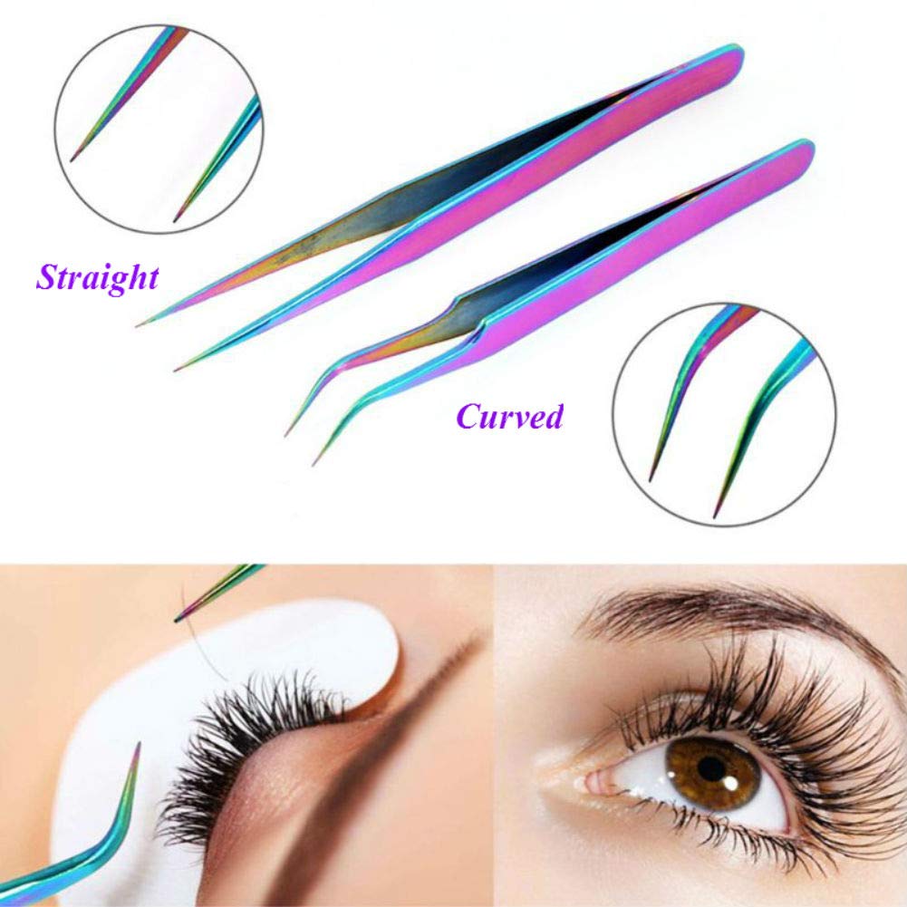 Aysekone 2 Pcs Rainbow Stainless Steel Curved Tweezers + Straight Tweezer for Rhinestones Picker Eyebrow Eyelash Tweezers Manicure Nail Art Tools