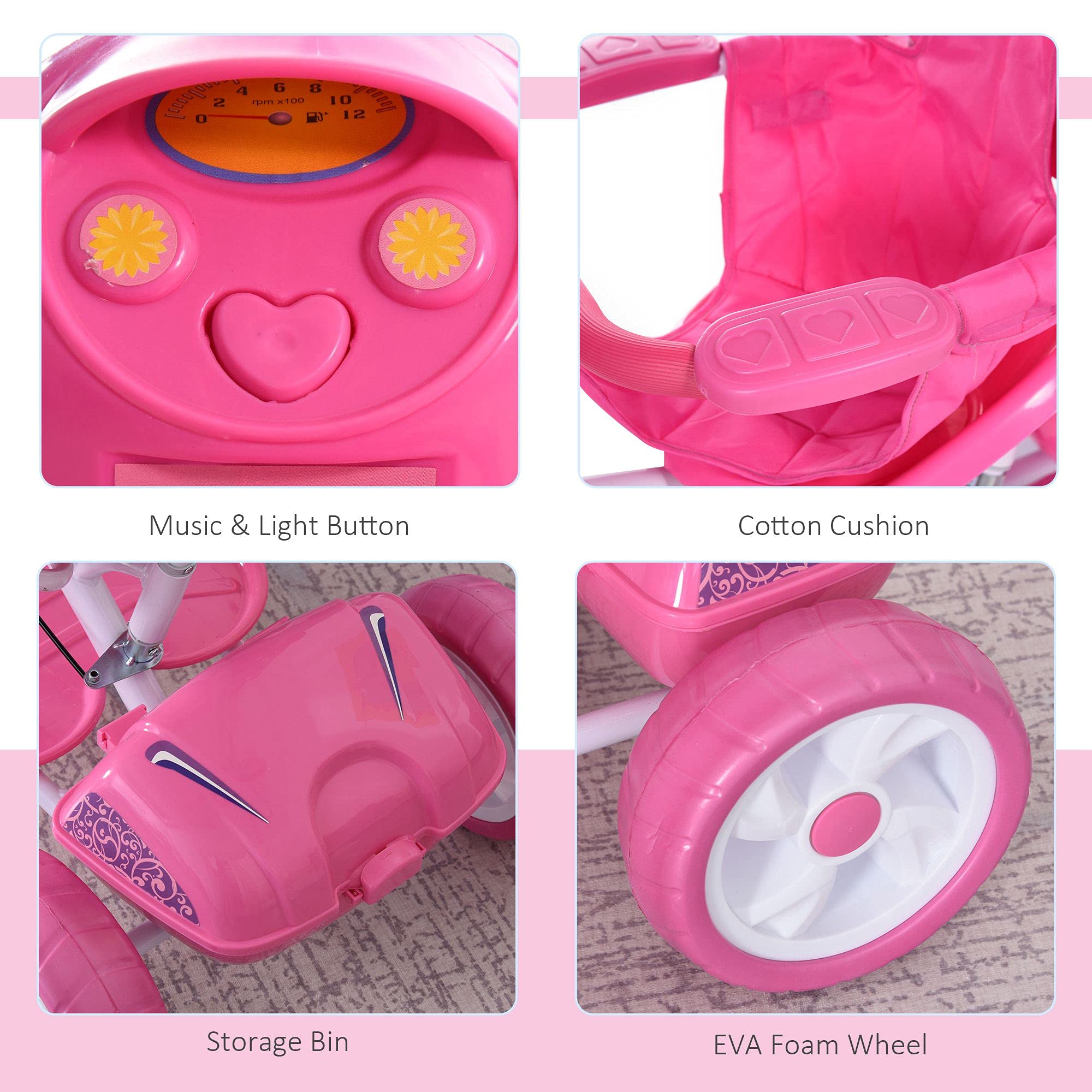 Qaba Children Ride-On Moped Tricycle with a Stylish Design & Interactive Music & Lighting Functions Pink