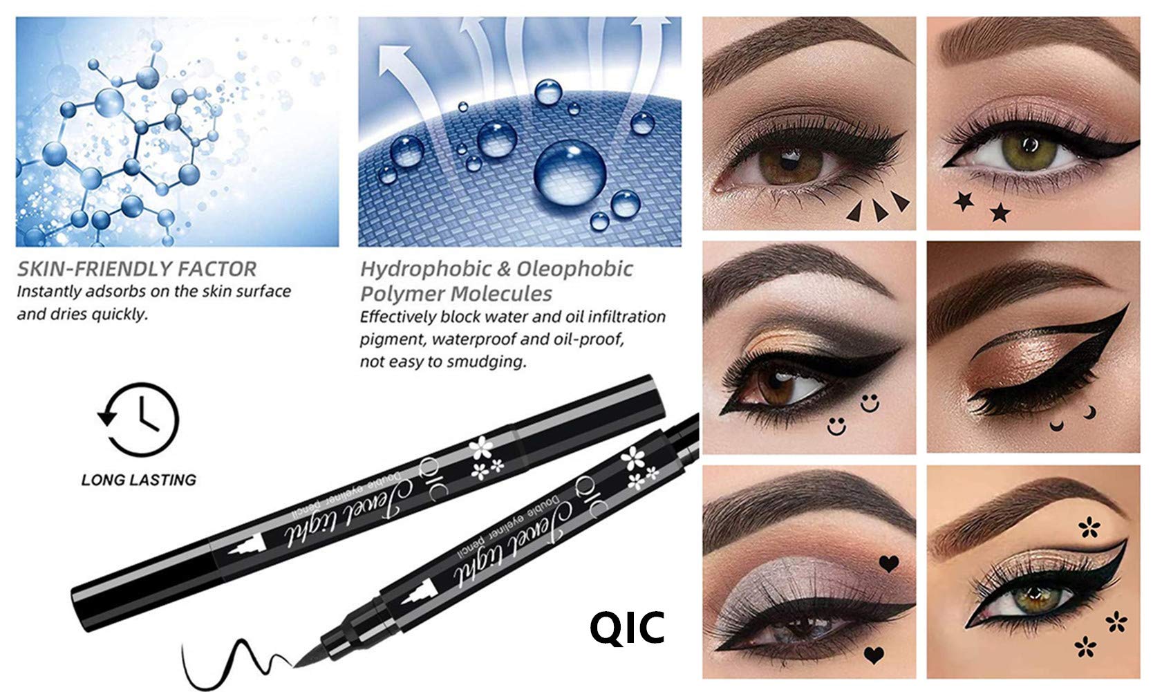 Go Ho 6 PCS Eyeliner Stamps,Double-sided Super Slim Gel Felt Tip High Black Eye Liner Pen,Waterproof Smudge-Proof Smooth Eyeliner Makeup Tools(6 Shapes)