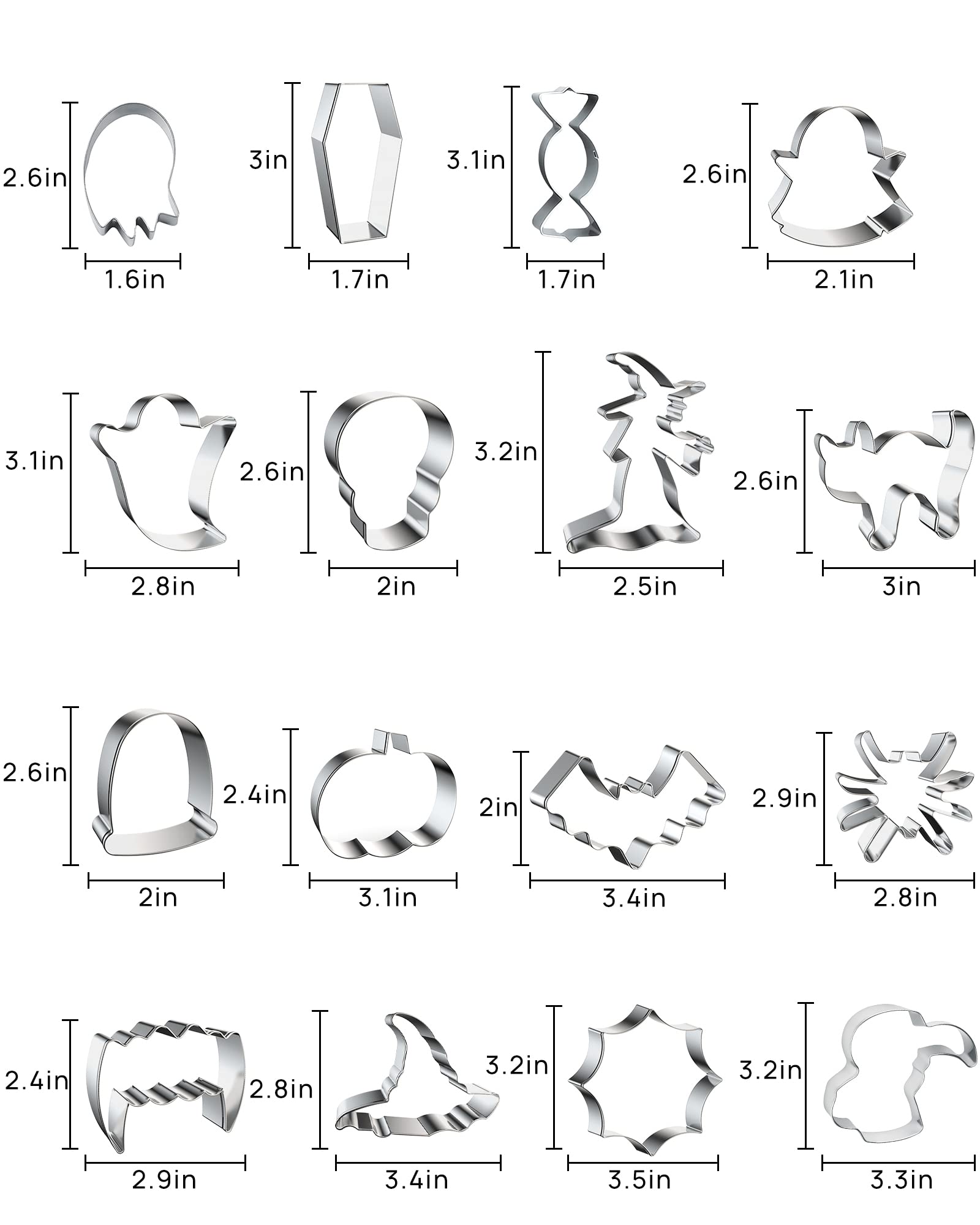16 Pcs Halloween Cookie Cutters Halloween Set with Decorating Instructions Stainless Steel Pumpkin Witch Hat Cat Bat Skull Ghost Candy Coffin And More