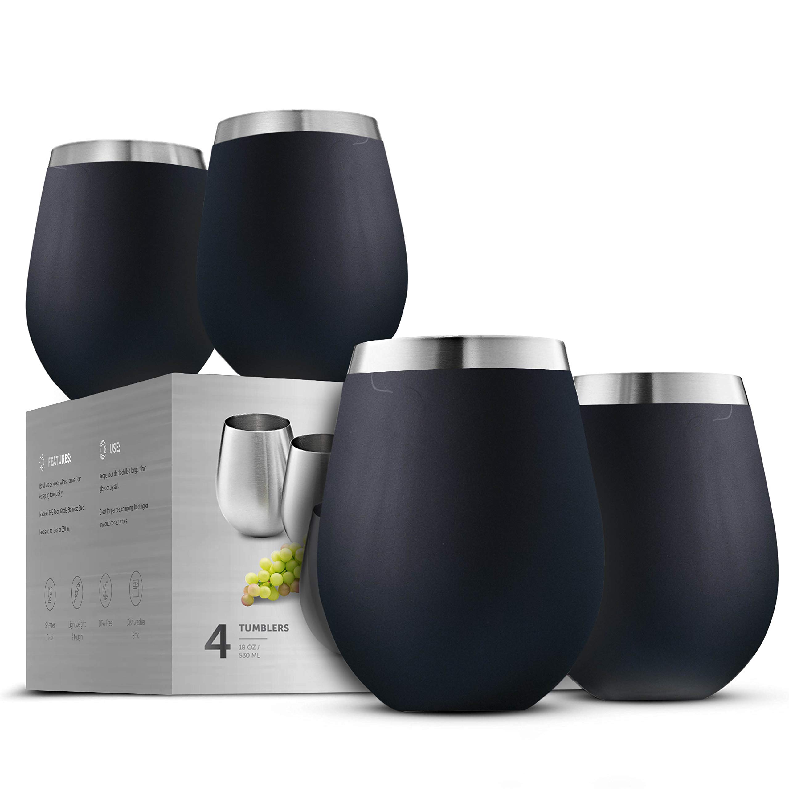 18oz Stainless Steel Stemless Wineglasses, Set of 4 - Unbreakable, Portable for Outdoor Events