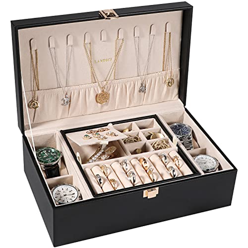 LANDICI Jewelry Box Organizer for Women Girls, Large 2 Layer Men Watch Case with Removable Tray, PU Leather Jewellery Storage Holder Display for Watches Sunglasses Rings Earrings Necklace, Black
