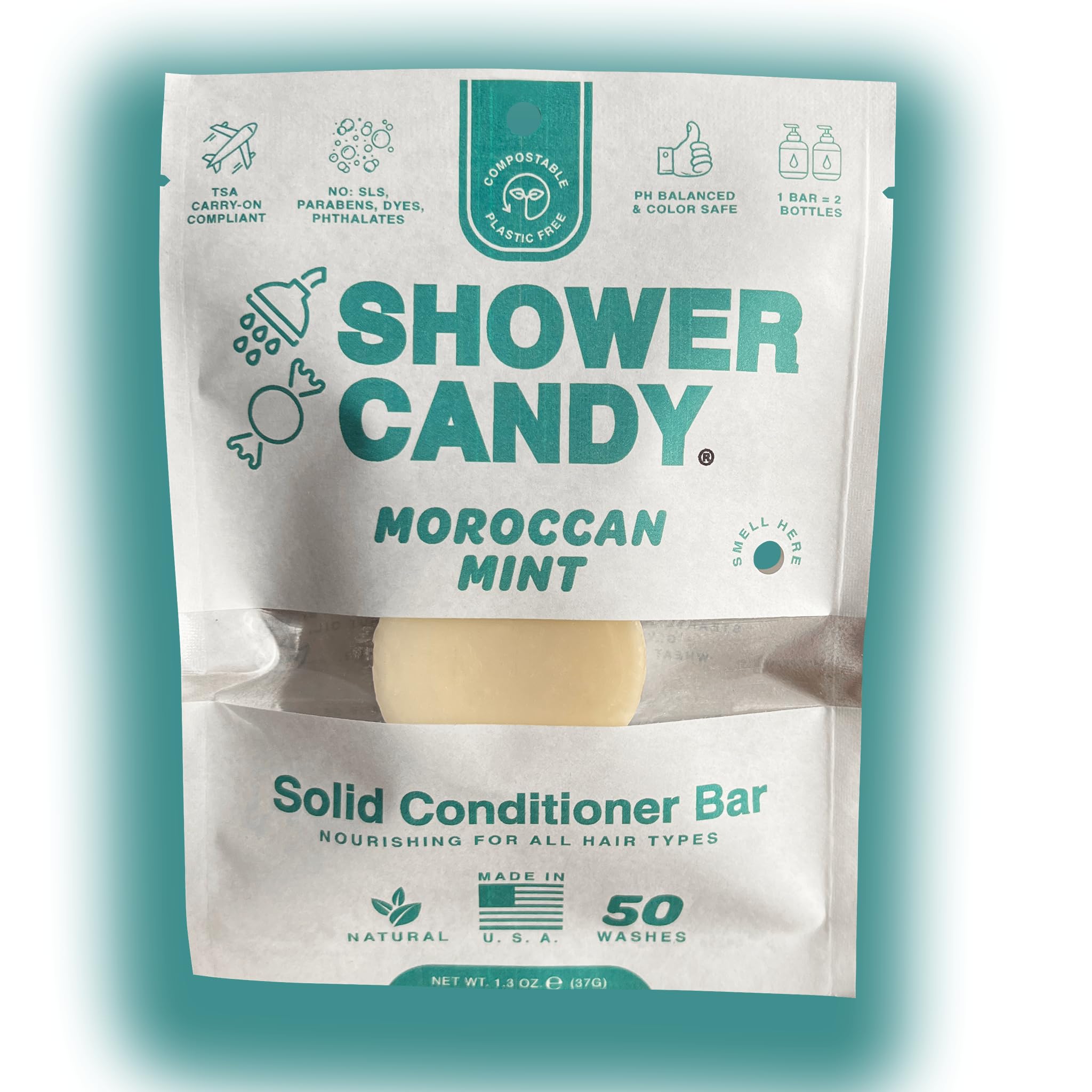 Shower Candy Moroccan Mint Solid Hair Conditioner Bar | Natural Conditioner with Plastic-Free Packaging | Zero Waste Compostable Pouch - SLS free Conditioner| Travel Size Conditioner Bars