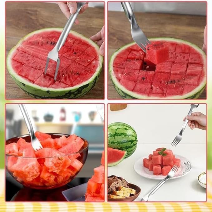 2 in 1 stainless steel fruit knife watermelon fork slicer tool, 2024 new watermelon fork slicer,double head fruit fork slicer watermelon cutting tool (1 pc)