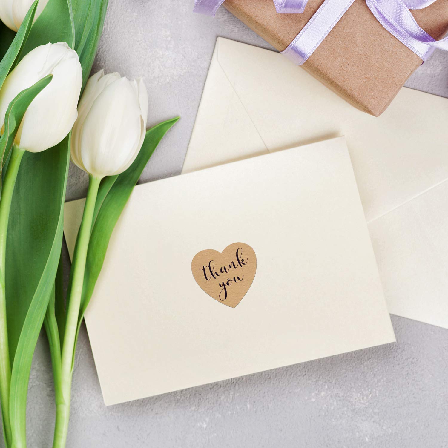 Brown Kraft Heart Shape Thank You Stickers / 500 Heart Labels / 1 1/8" Thank You Envelope Seals
